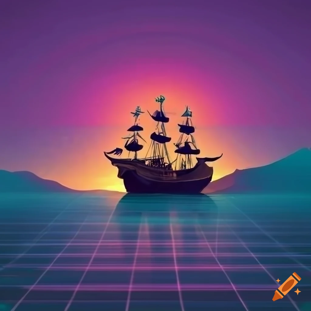 Pirate ship with anchor in a small cove with a synthwave landscape on ...