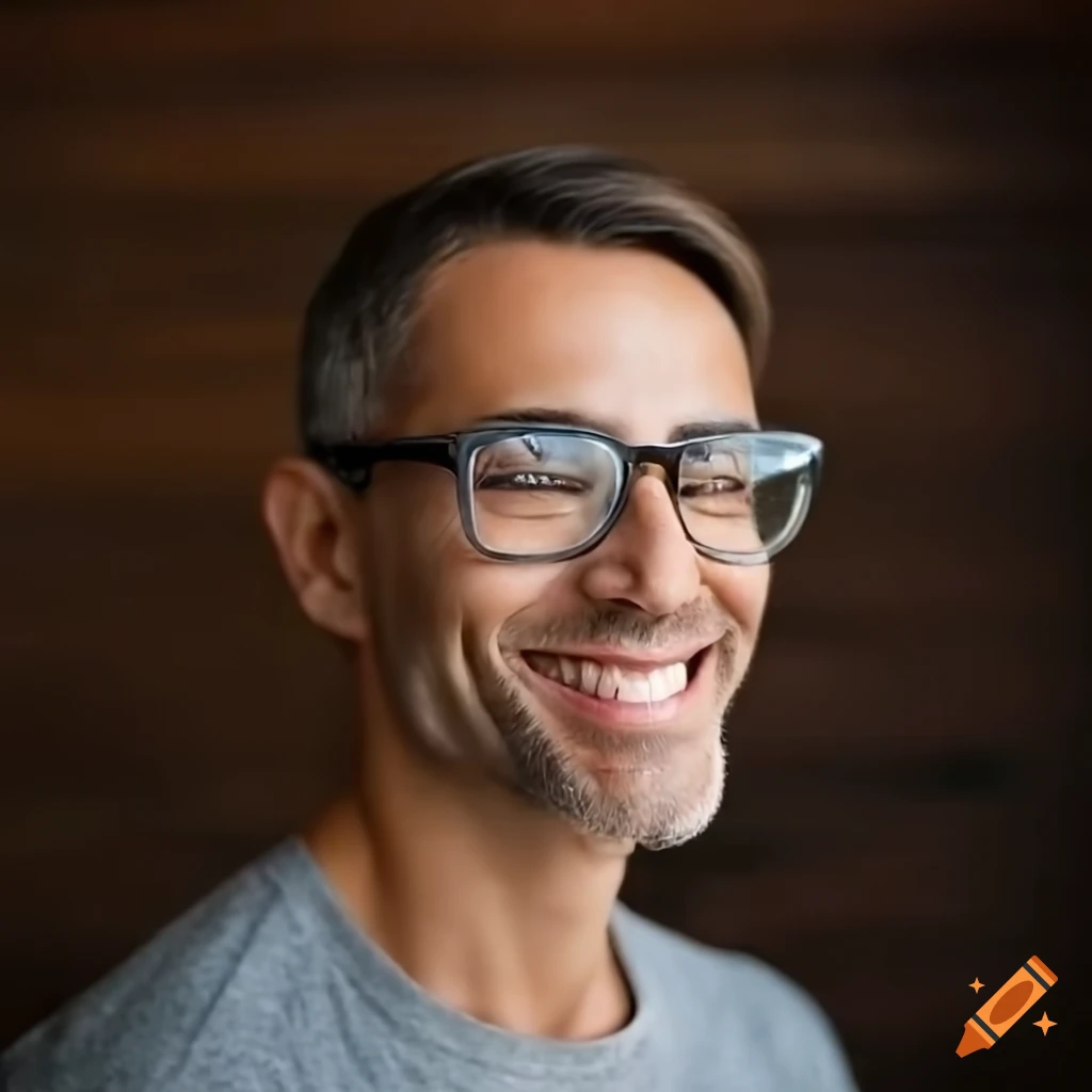 Smiling 45-year-old male with brown hair, stubble, and glasses on Craiyon
