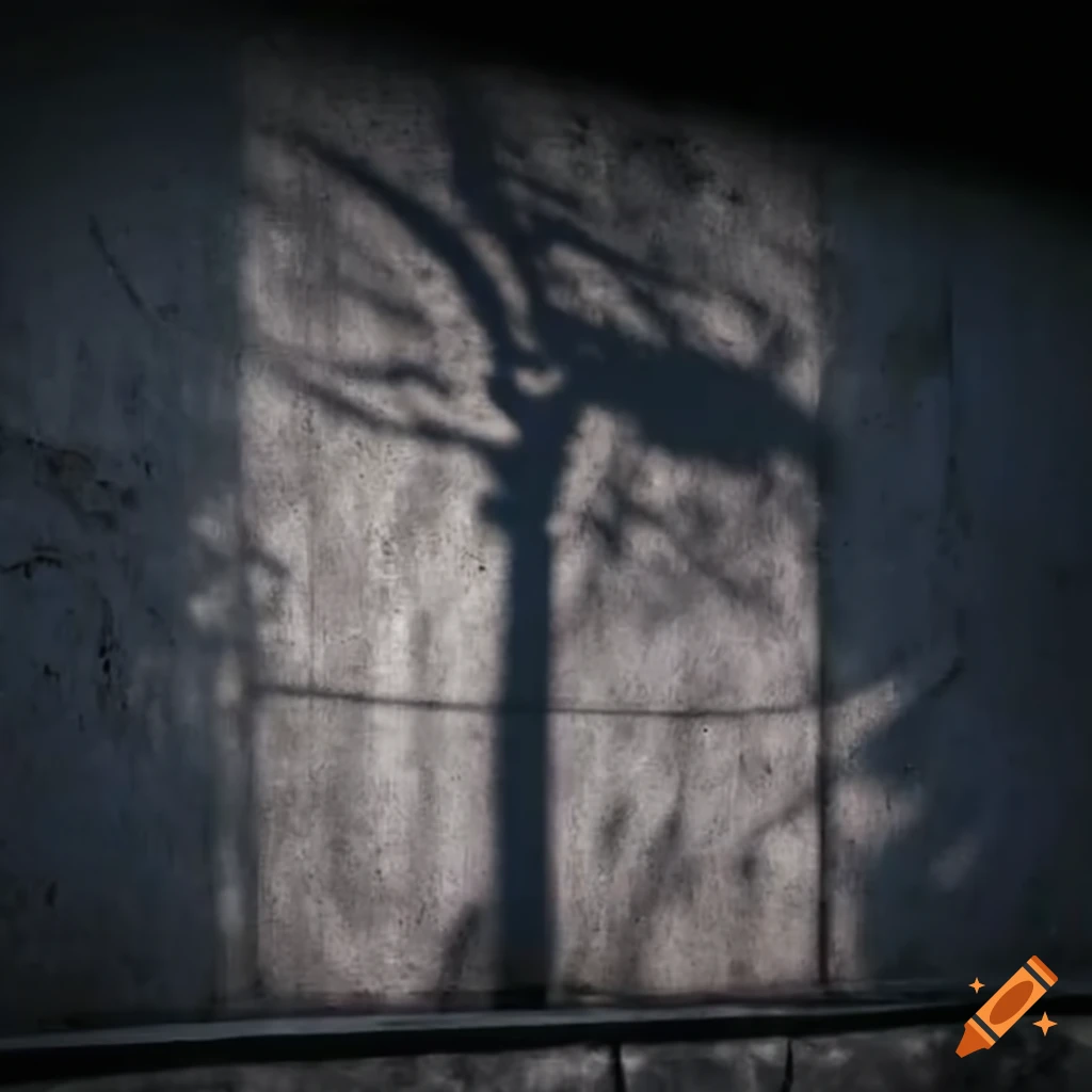 Tall tree casting shadow on weathered wall on Craiyon