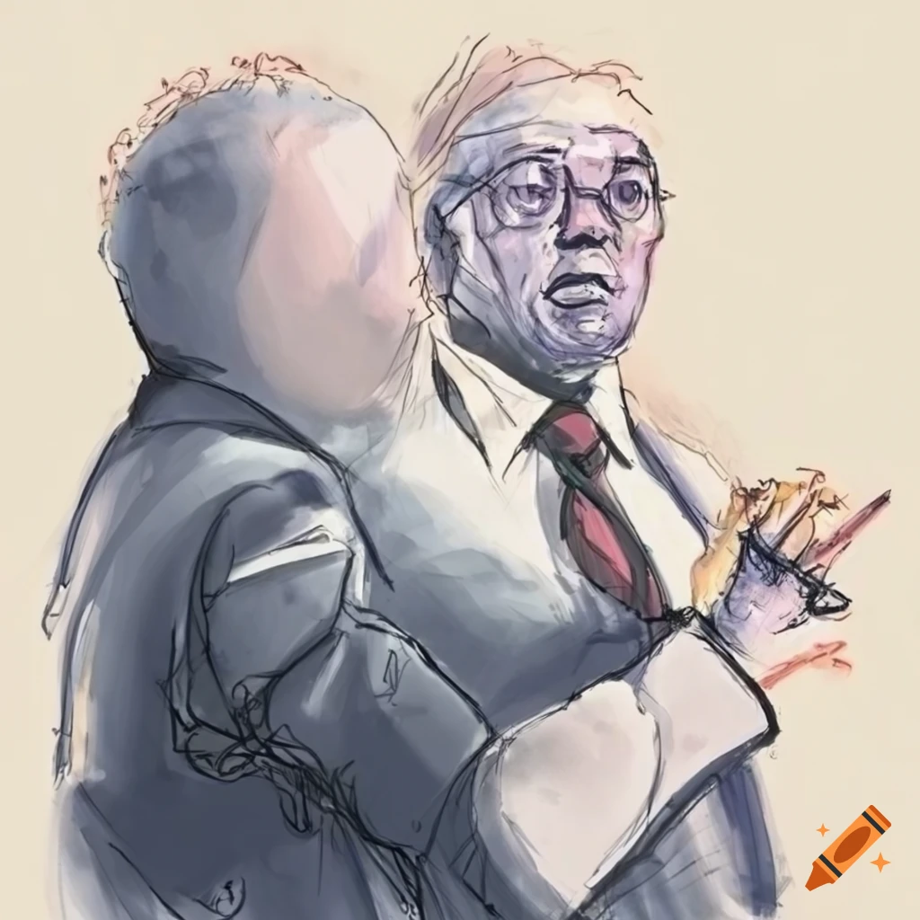 Courtroom sketch with lawyers arguing, judge, and witness on Craiyon