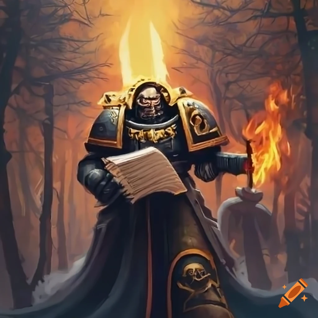 Warhammer 40k chaplain reading by a fire in the woods on Craiyon