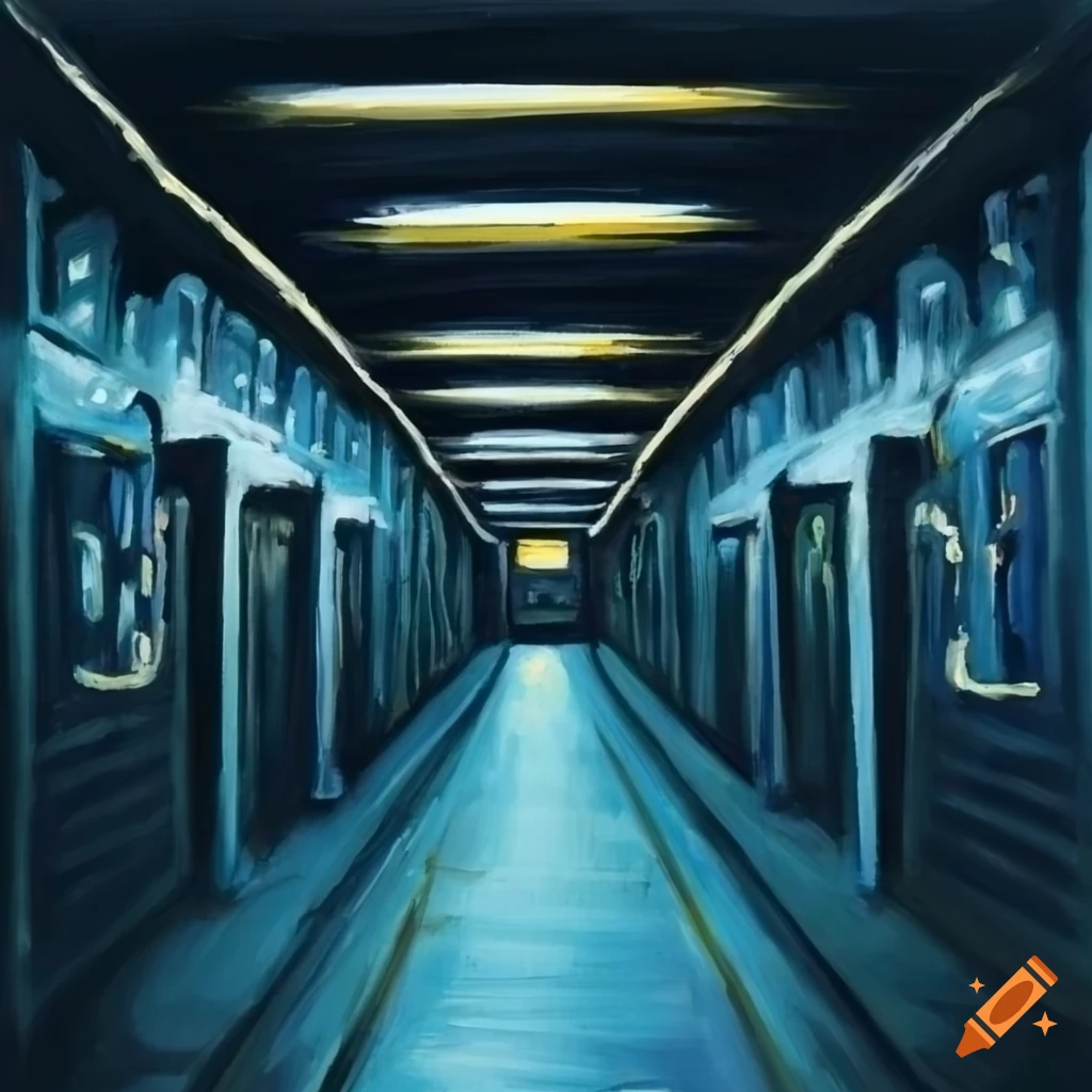 Empty subway station with evening lighting and directional signs on Craiyon