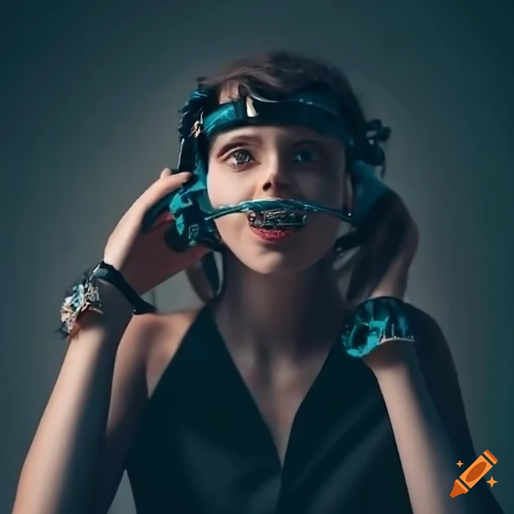 Young woman with orthodontic headgear walking in a crowded street on Craiyon