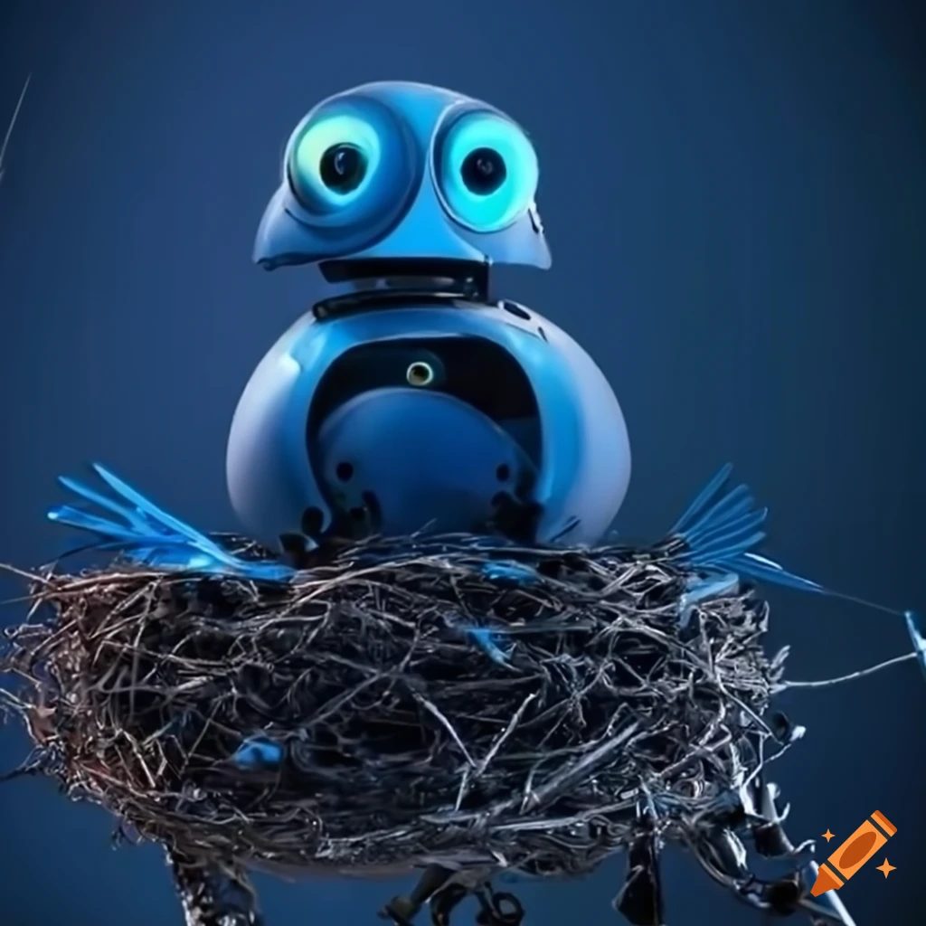 Mechanical robot bird in a nest with dark blue shades on a computer ...