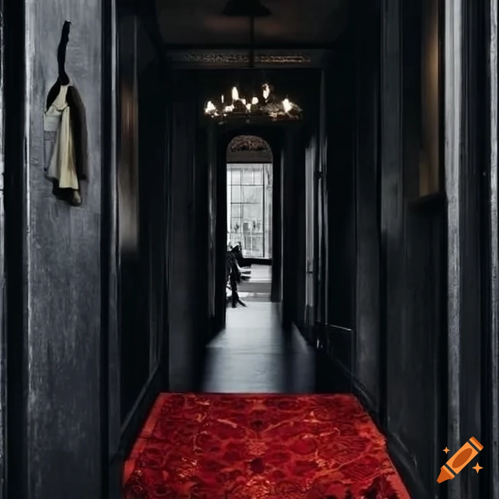 Dramatic black hallway with chic clothing display entrance on Craiyon