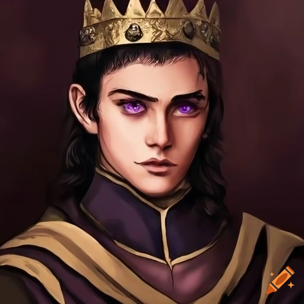 Young handsome king with purple eyes and long black hair wearing the ...