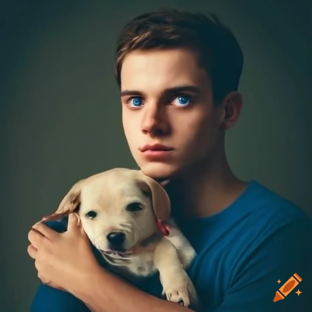 Young man with blue eyes and brown hair holding a puppy on Craiyon