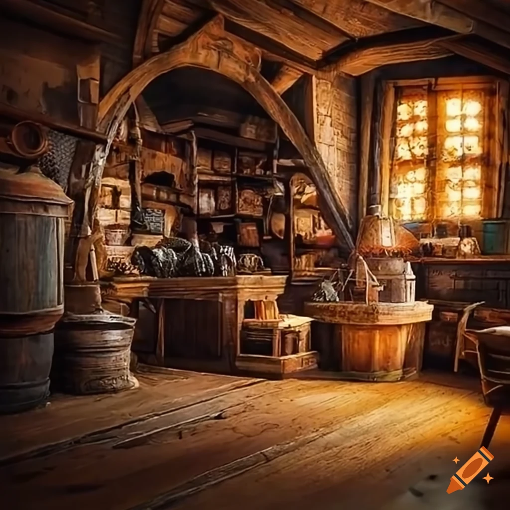 Bright interior of a medieval general store with a game-like atmosphere ...