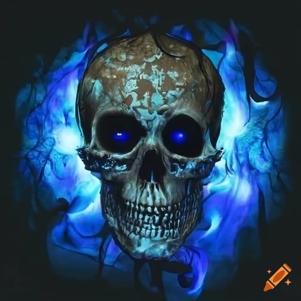Skeleton skull covered in vines with blue flames in the eye sockets on ...
