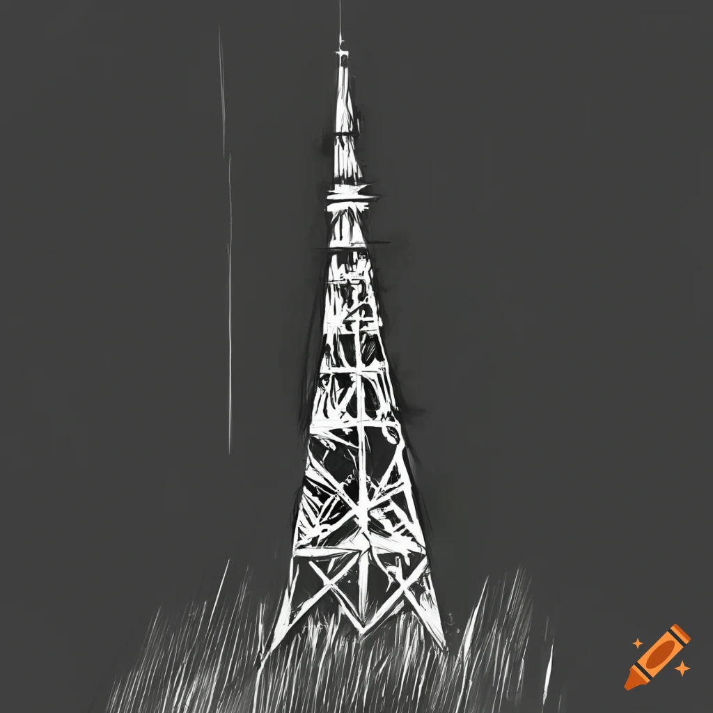 Rough sketch of a radio tower emitting signals on a hill on Craiyon