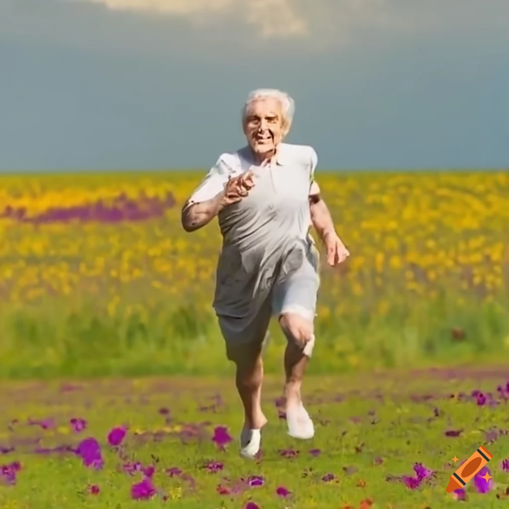 Elderly man running through a field of flowers on Craiyon