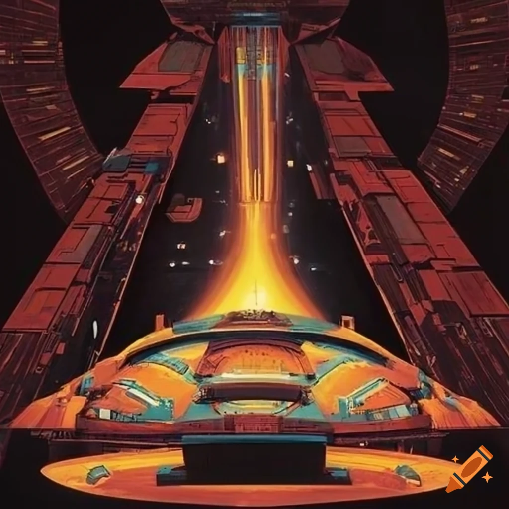 Hyper-detailed spaceport artwork with a 70s sci-fi vibe on Craiyon