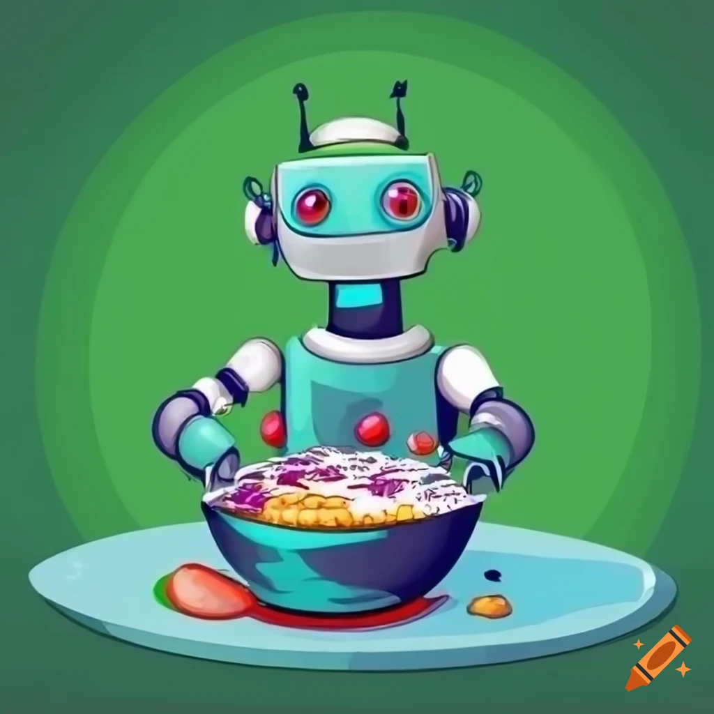 Cartoon robot baking a cake with green background on Craiyon