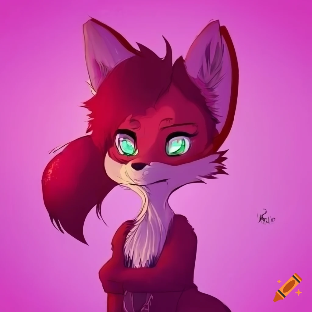 Extroverted female fox with purple fur and bright red clothes on Craiyon