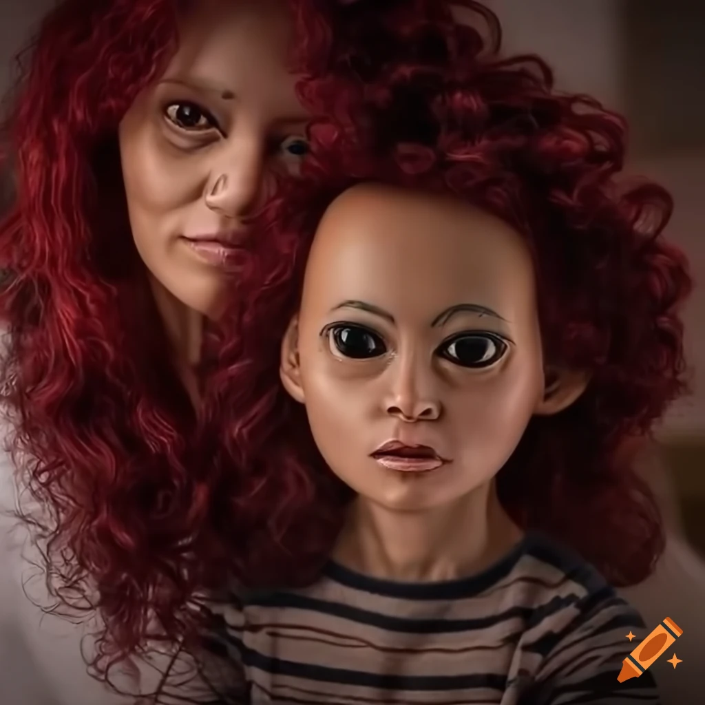 Portrait of a brown-skinned alien mother and her children with maroon ...