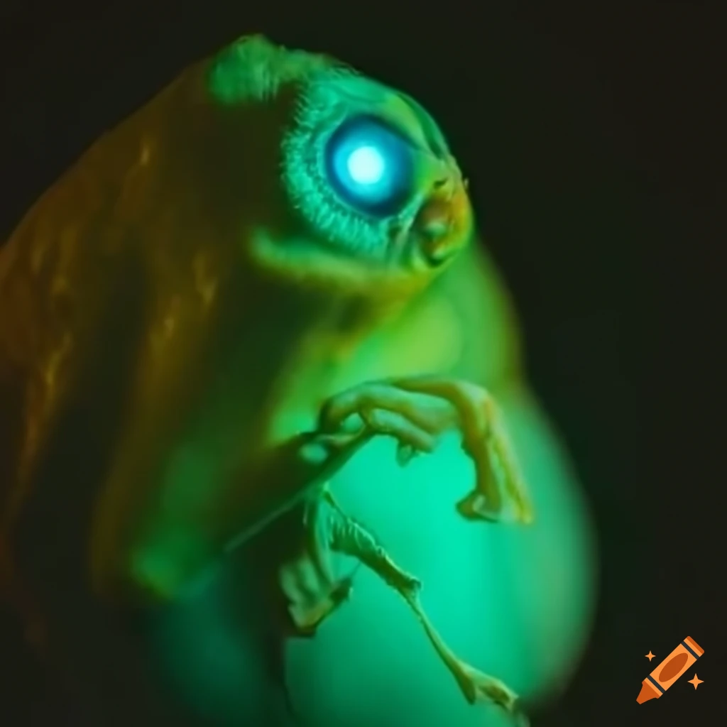 Strange creature with a glowing human eye in a lemon body surrounded by ...