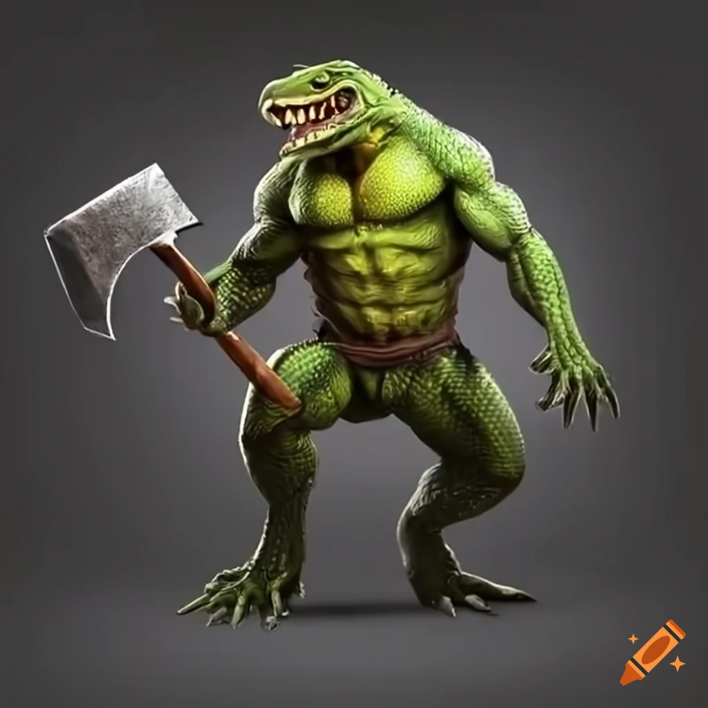 Angry roaring lizard-man with an axe on Craiyon