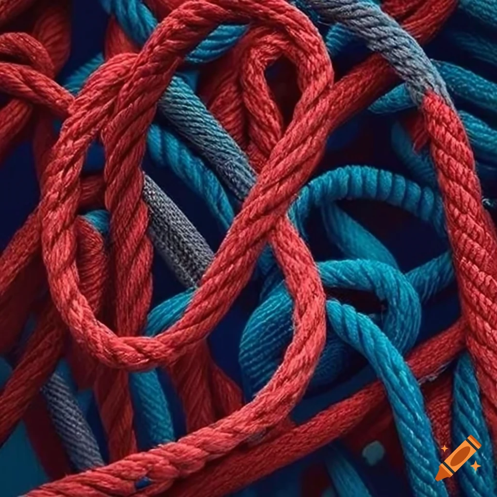Bundle of colorful 18mm plastic ropes in red, brown, dark blue, and ...