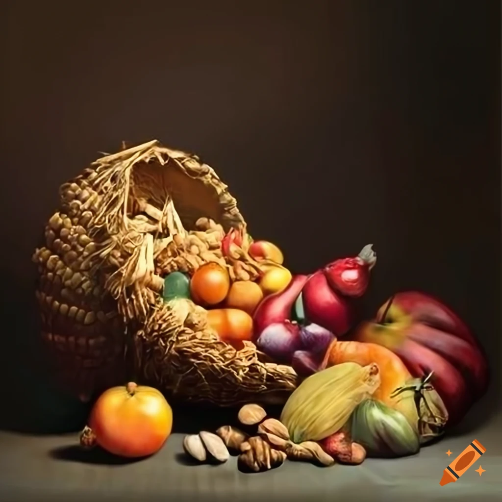 Realistic still life painting of a cornucopia filled with fruits ...