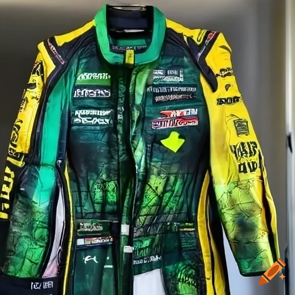 F1 driver wearing a stunning galaxy green and yellow race suit on Craiyon