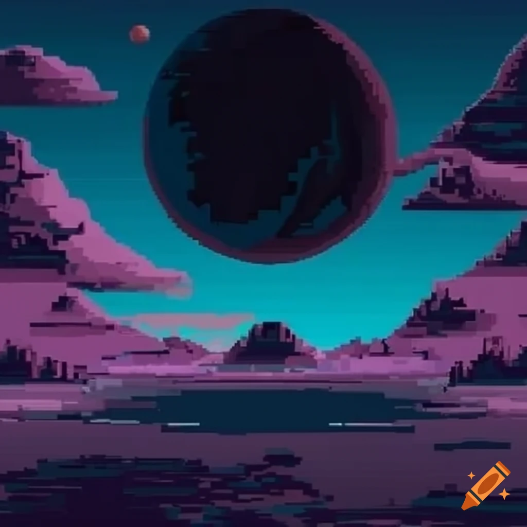 Creepy alien planet landscape in retro 8 bit style on Craiyon