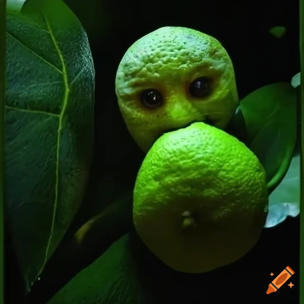 Bizarre creature with glowing eye surrounded by fruit tree on Craiyon