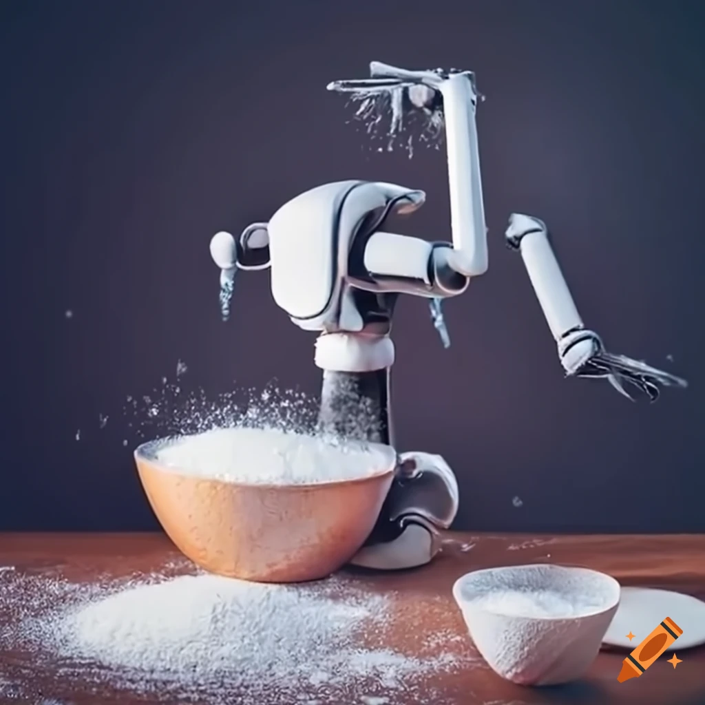 Robot baking with flour and sugar in the kitchen on Craiyon