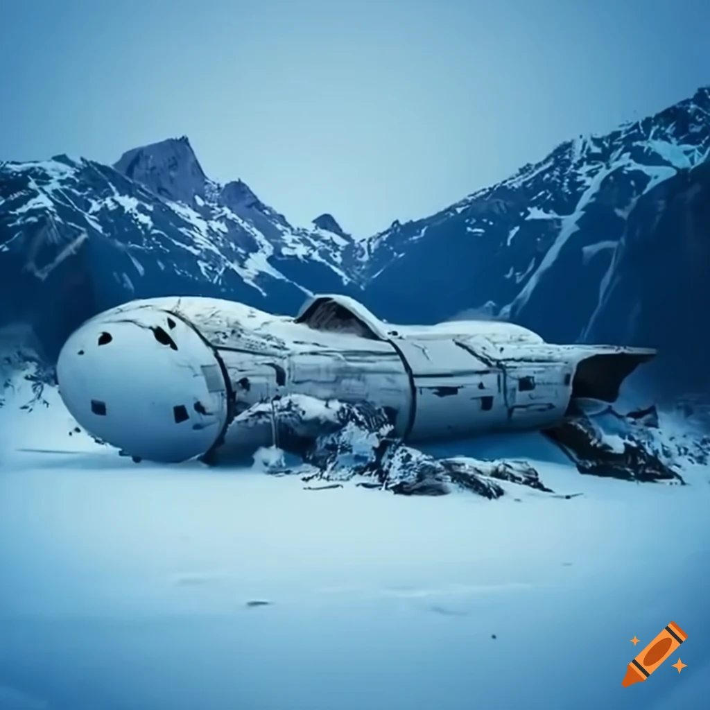 Crashed spaceship in a snowy mountain valley on Craiyon