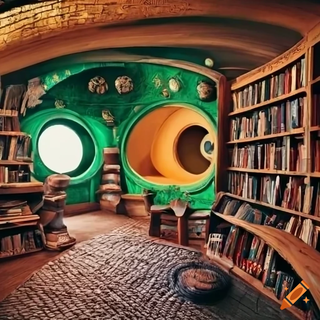 Cozy reading area in a hobbit hole surrounded by bookshelves on Craiyon