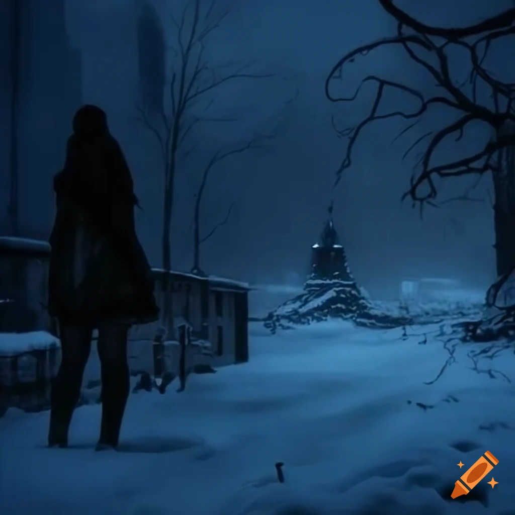 Soviet city night scene with snow and tentacled horror creatures on Craiyon