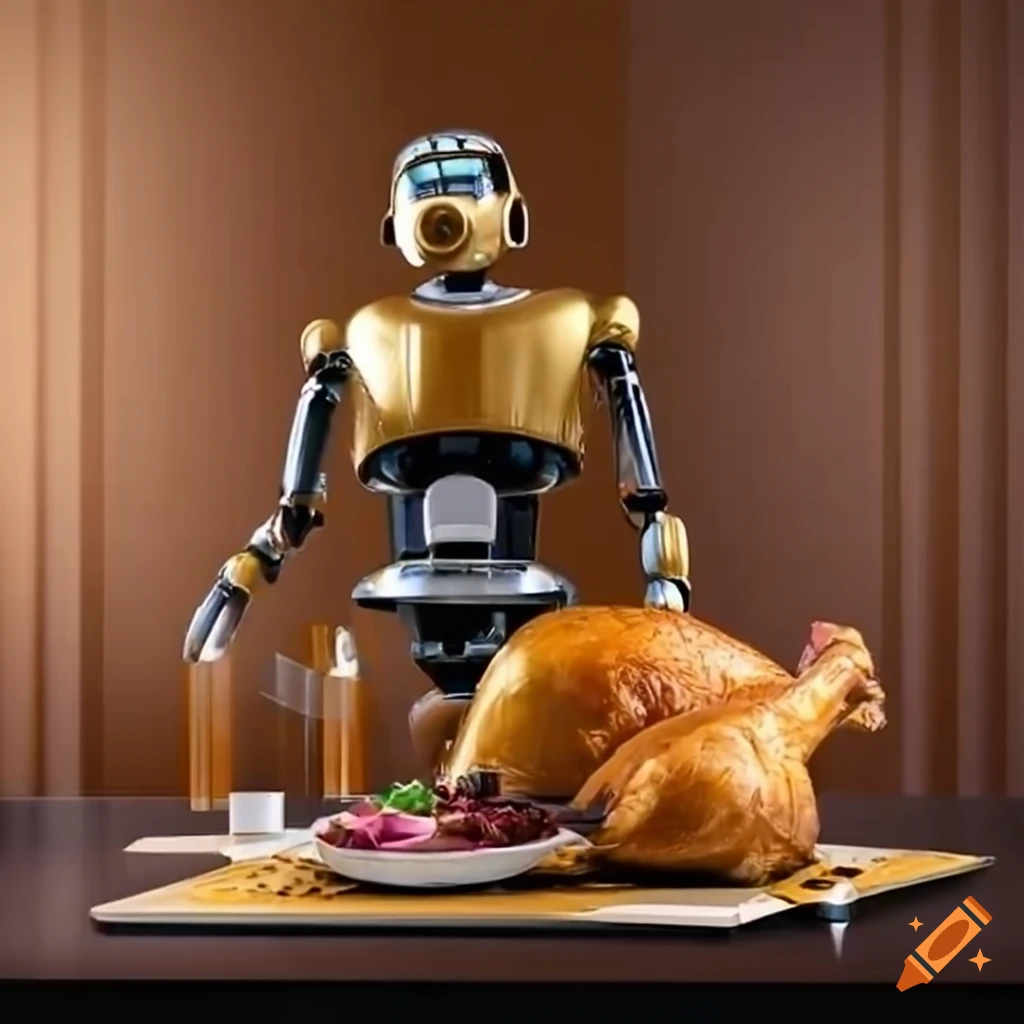 Robot in front of a turkey dinner on a table on Craiyon
