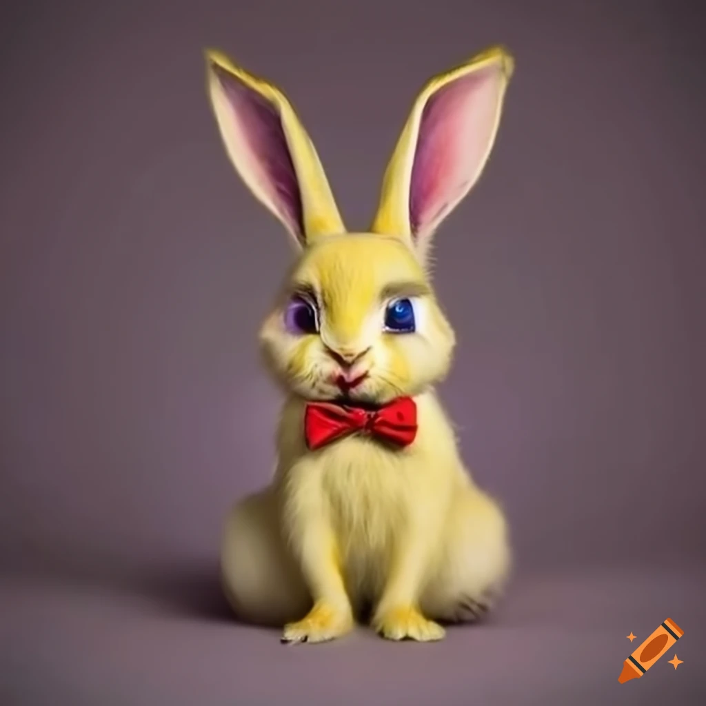 Yellow anthropomorphic rabbit with a red bow tie and unique features on ...