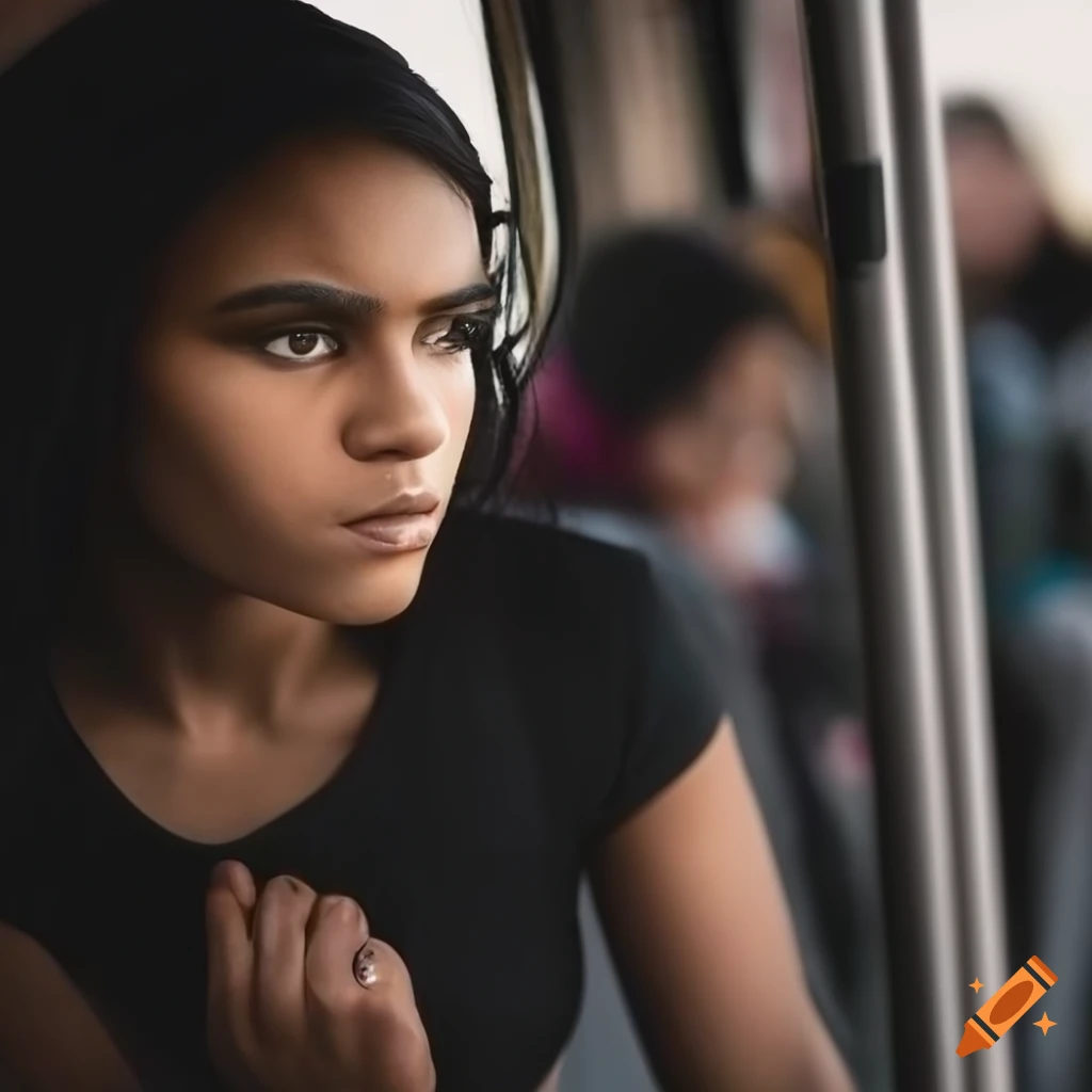 Woman with wavy black hair and arabic features getting on a bus on Craiyon