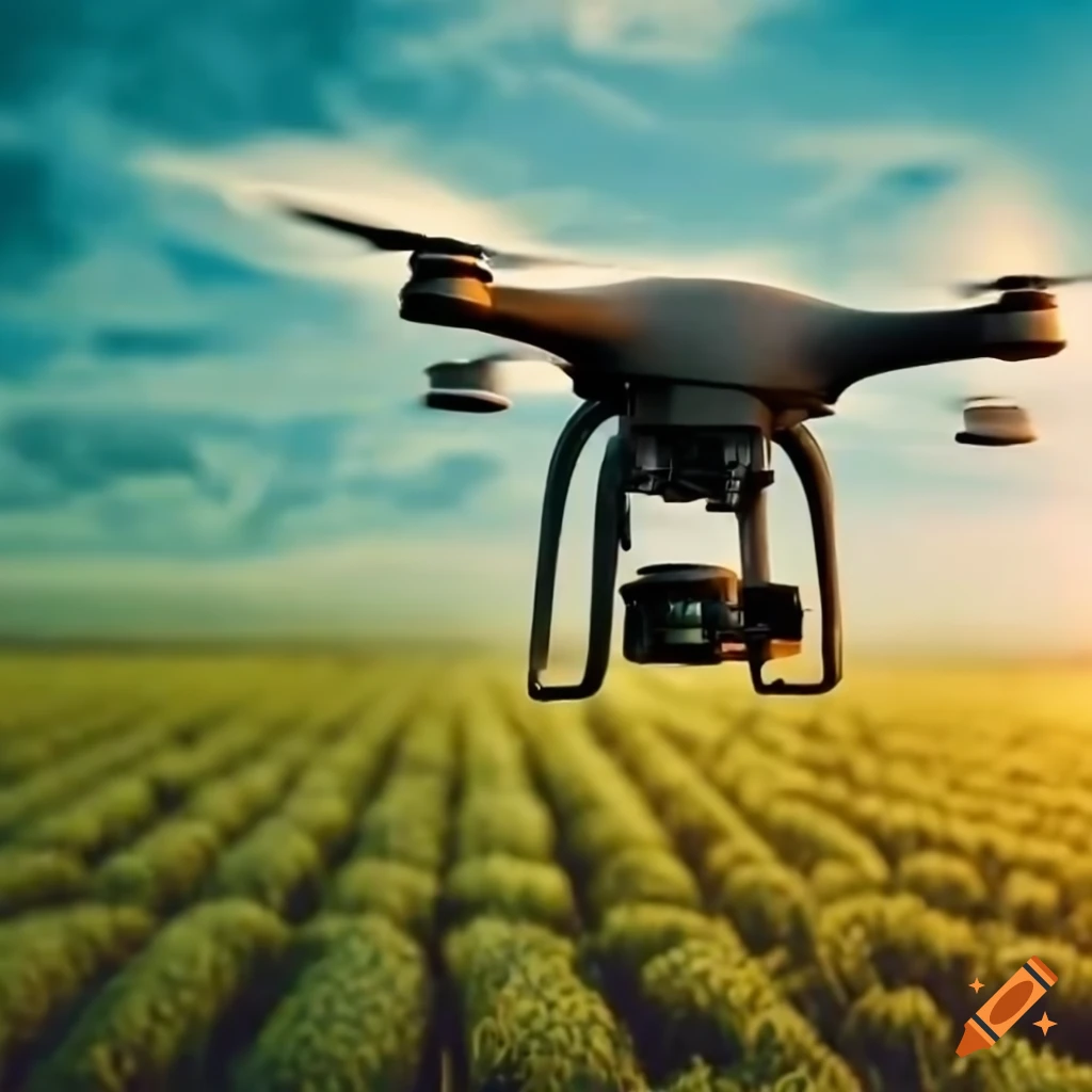 Drones flying over a crop farm on Craiyon