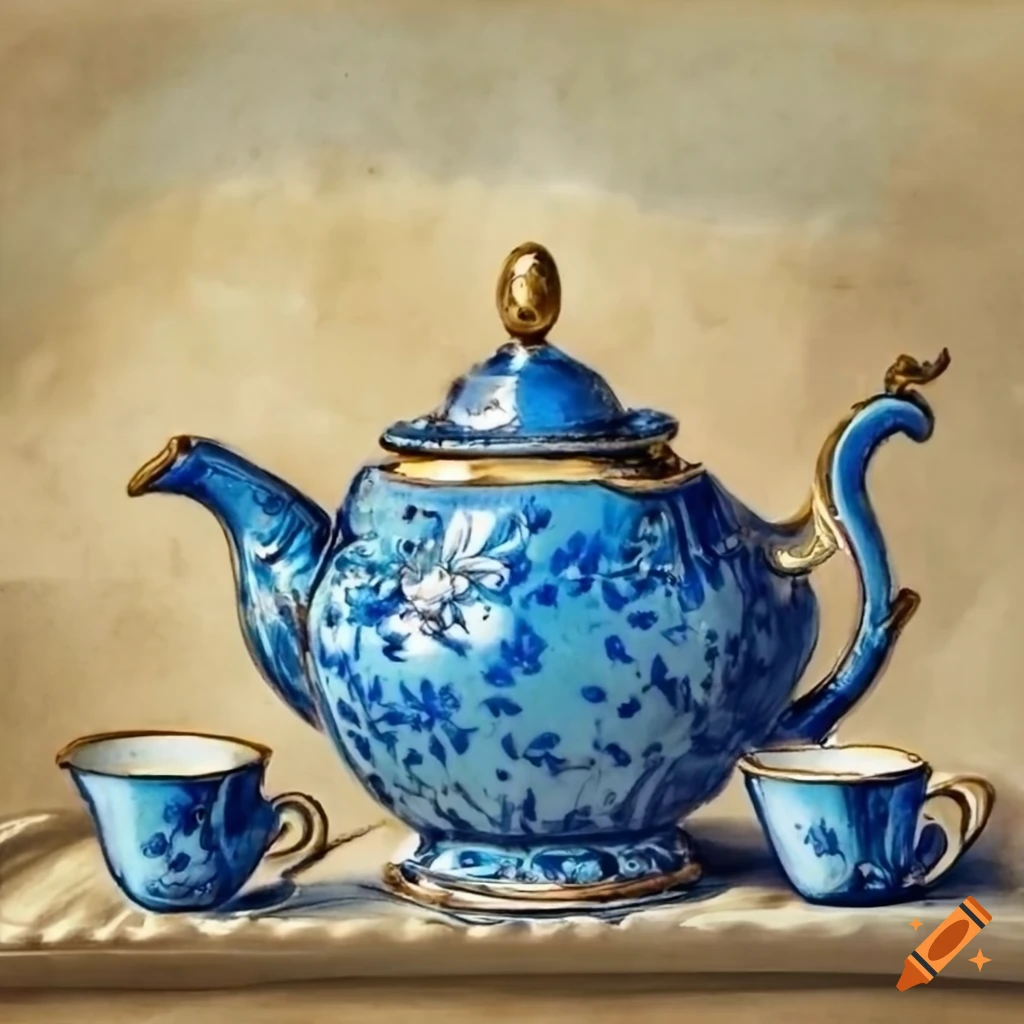 1800 pen and ink drawing of a beautiful blue Victorian tea set on a ...