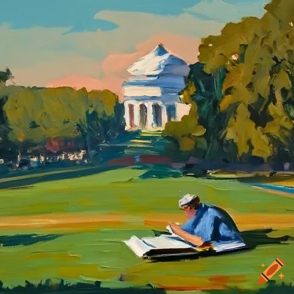 Student studying on the uva lawn in an oil painting on Craiyon