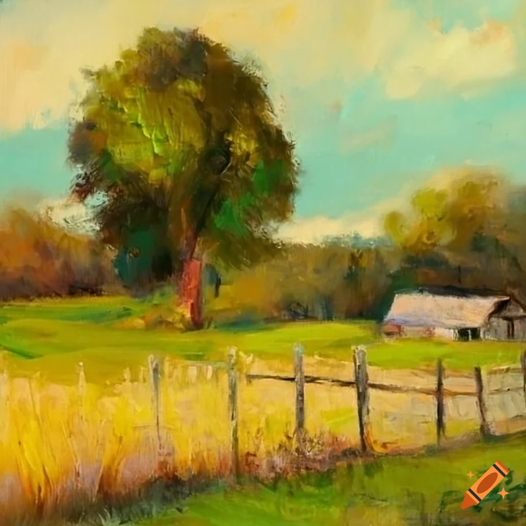 Impressionist farmhouse farmland painting with barn, tree, and fence on ...
