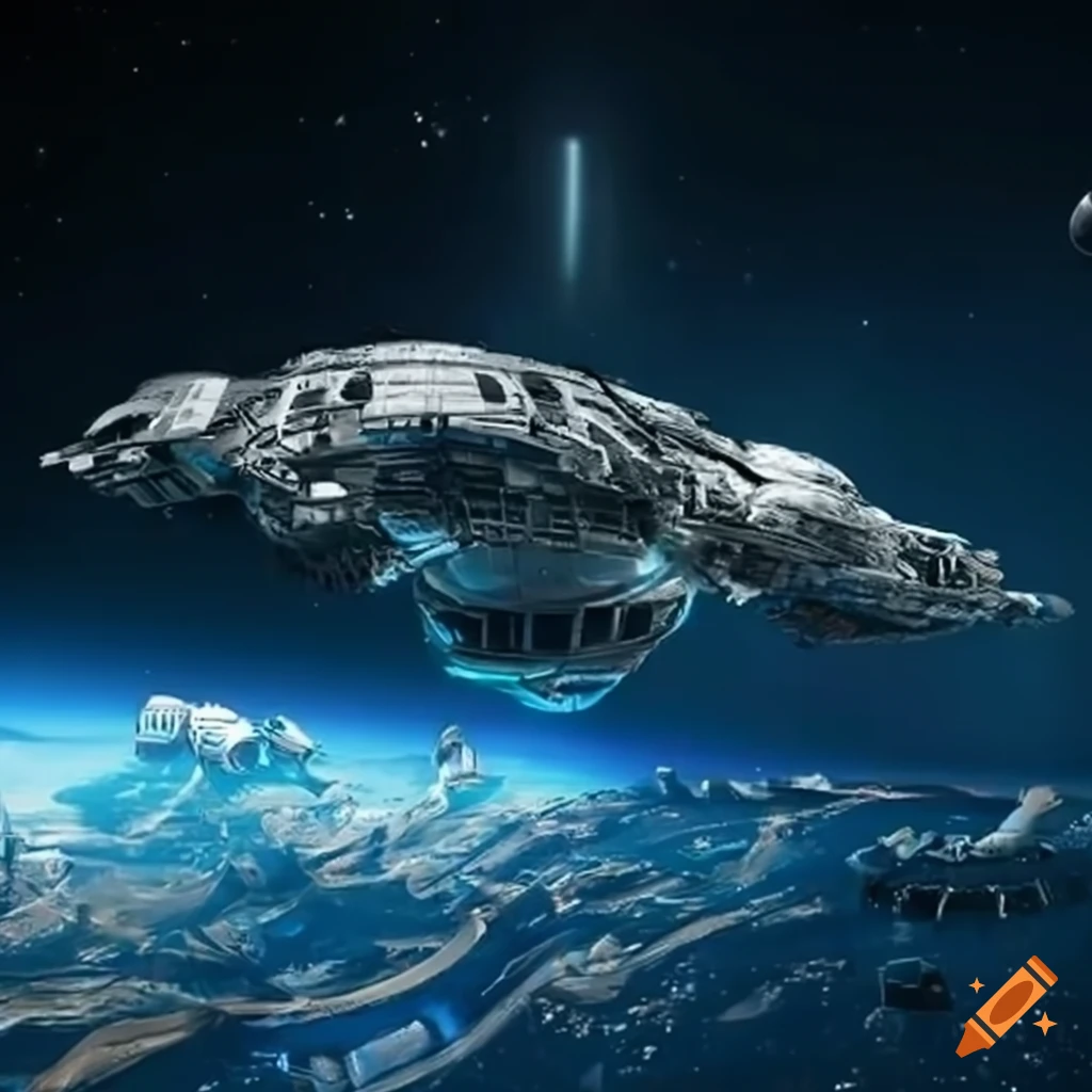 Giant futuristic capital spaceship in space on Craiyon