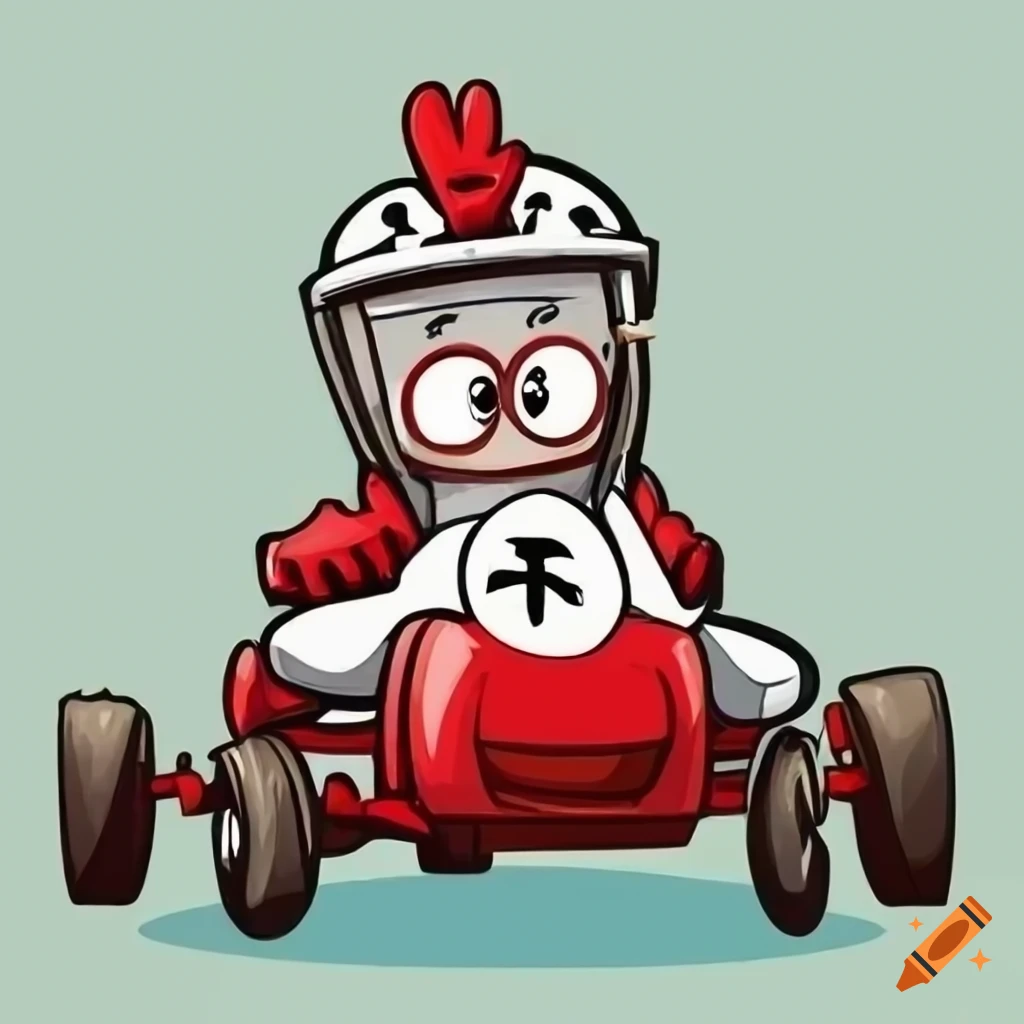 Funny cartoon illustration of a chicken driving a racing lawn tractor ...