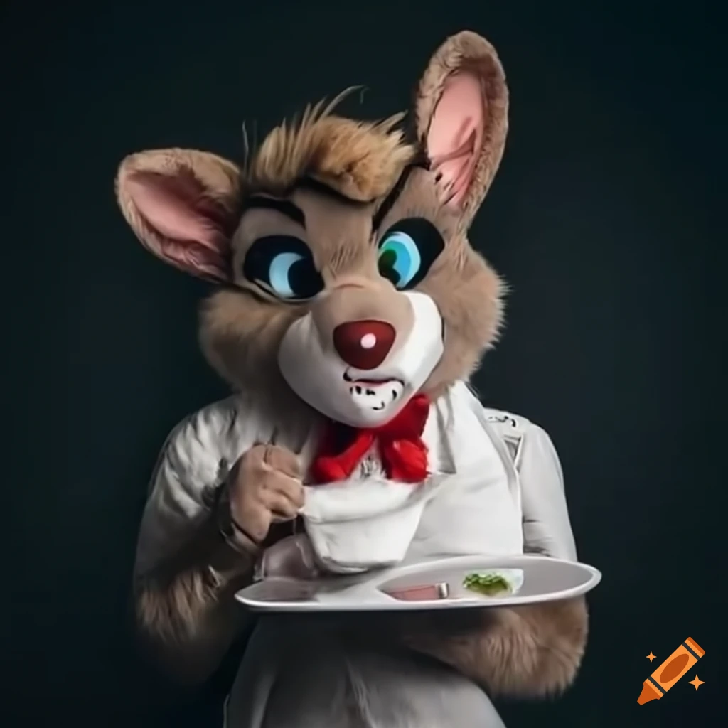 Waitress in full body rat mascot fursuit at fast food restaurant on Craiyon