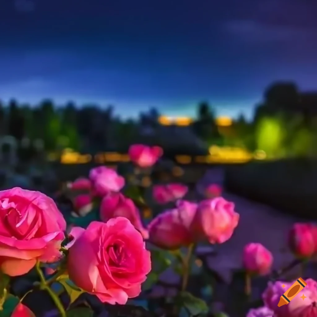 Beautiful garden full of roses at night in summer on Craiyon