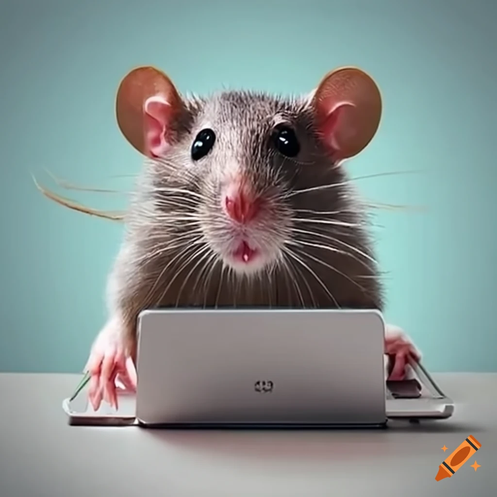 Four rats working at mini desks with small laptops on Craiyon