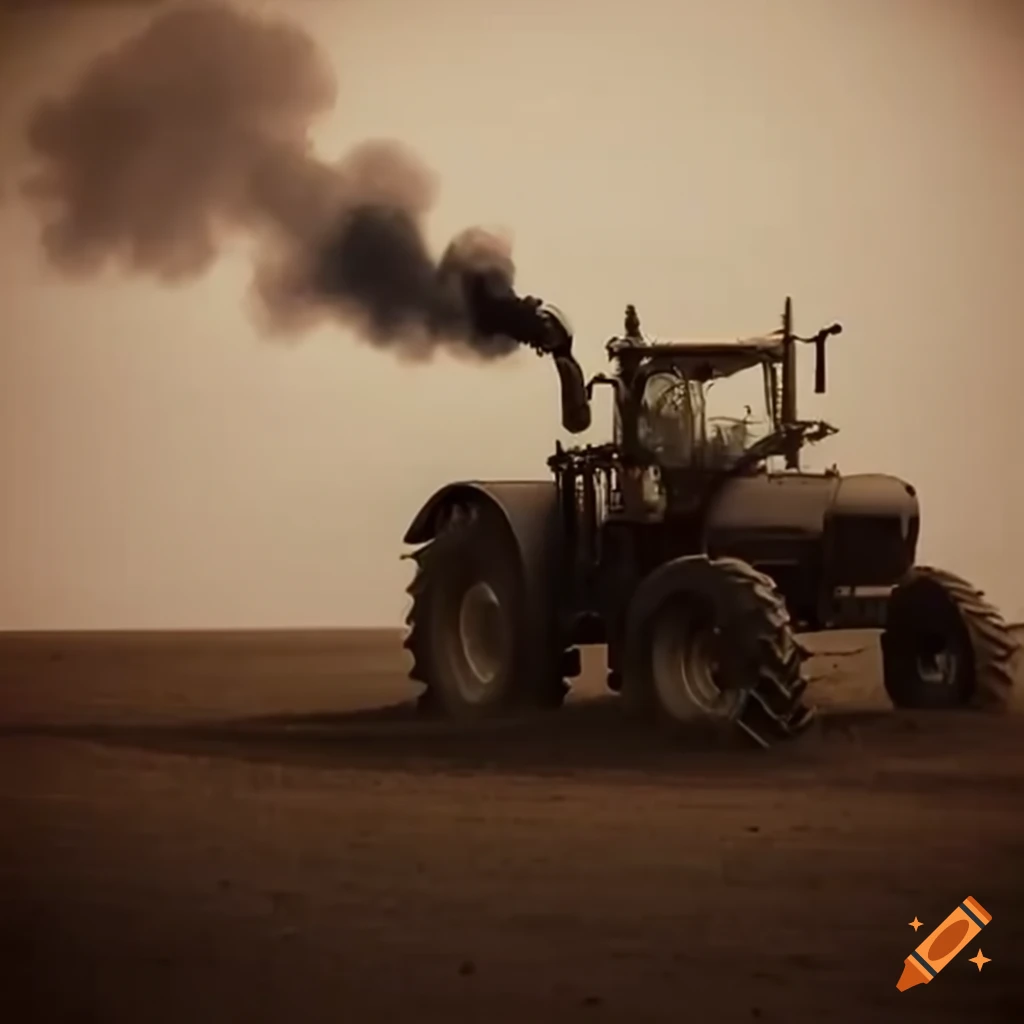 Tractor emitting black smoke in a barren field with toxic chemicals on ...