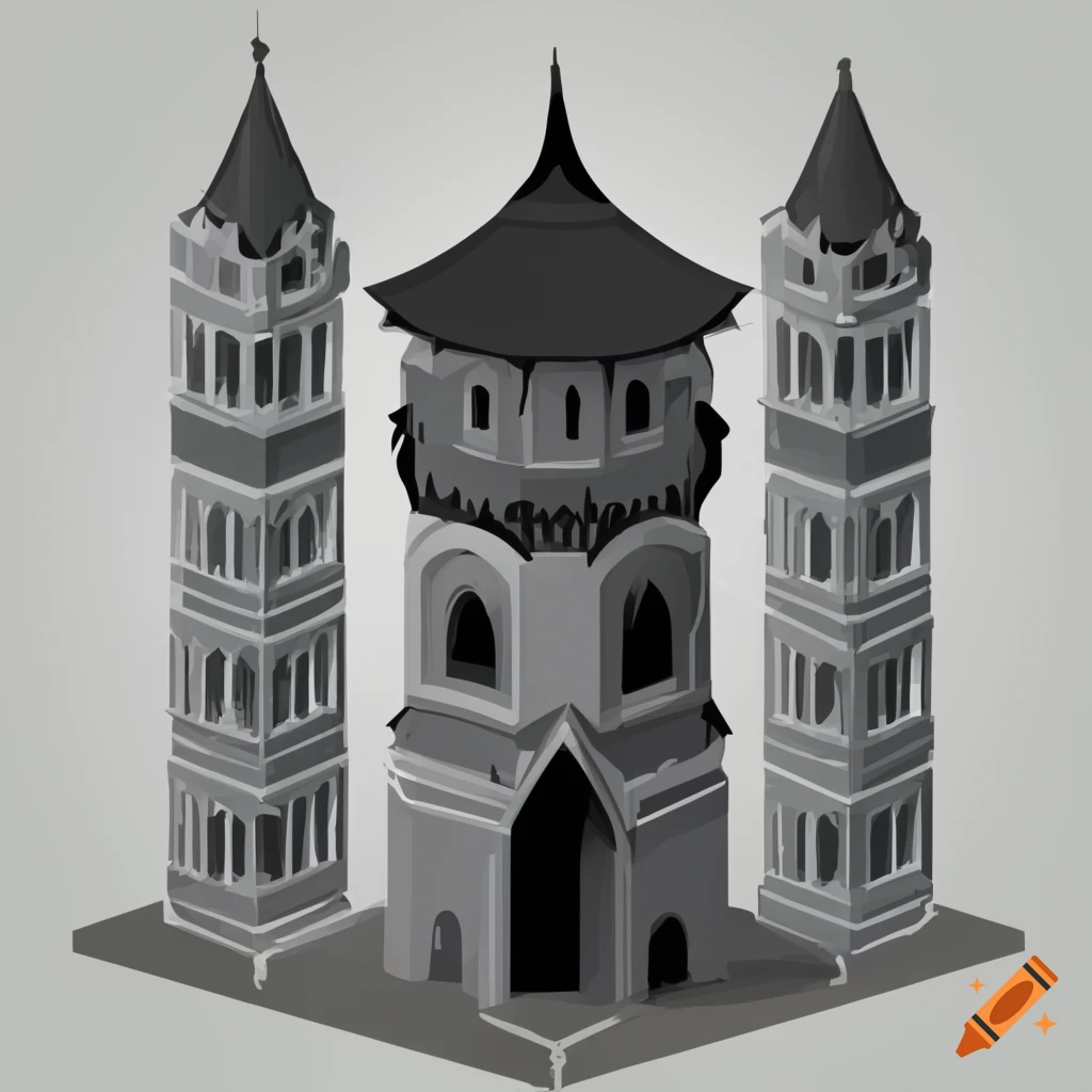 Isometric vector illustration of a tall ancient tower in black on Craiyon