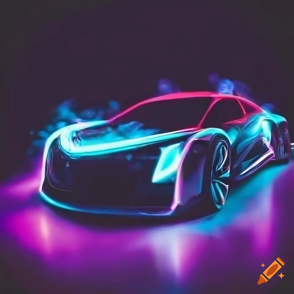 Glowing expensive car with neon colors and colorful dust on the wheels ...