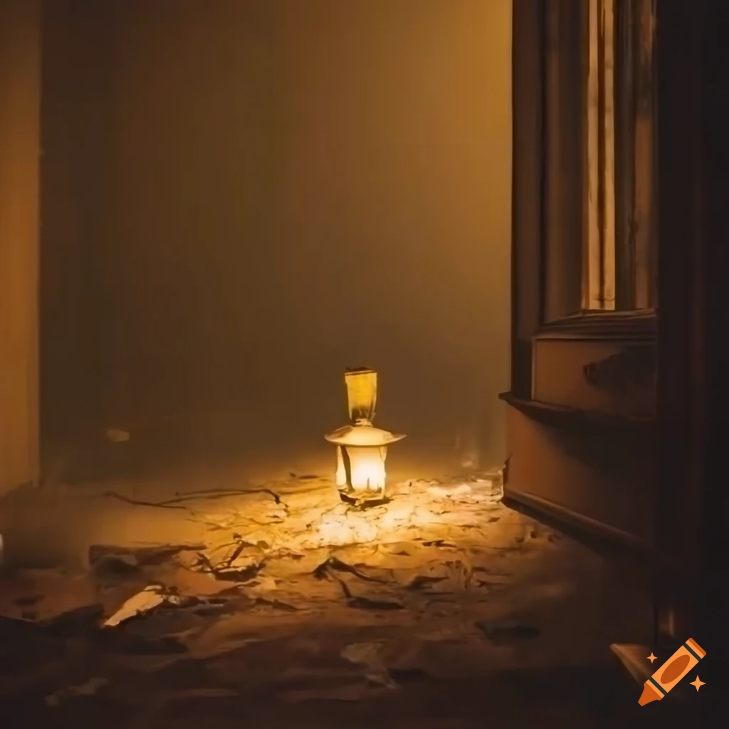 Broken lamp on windowsill in abandoned room overlooking city in fog ...