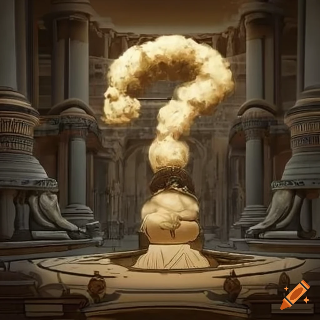 Greek titan standing next to a question mark on Craiyon