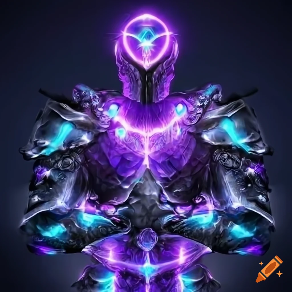 Glowing white suit of armor with purple crystals and gem in a fantasy ...