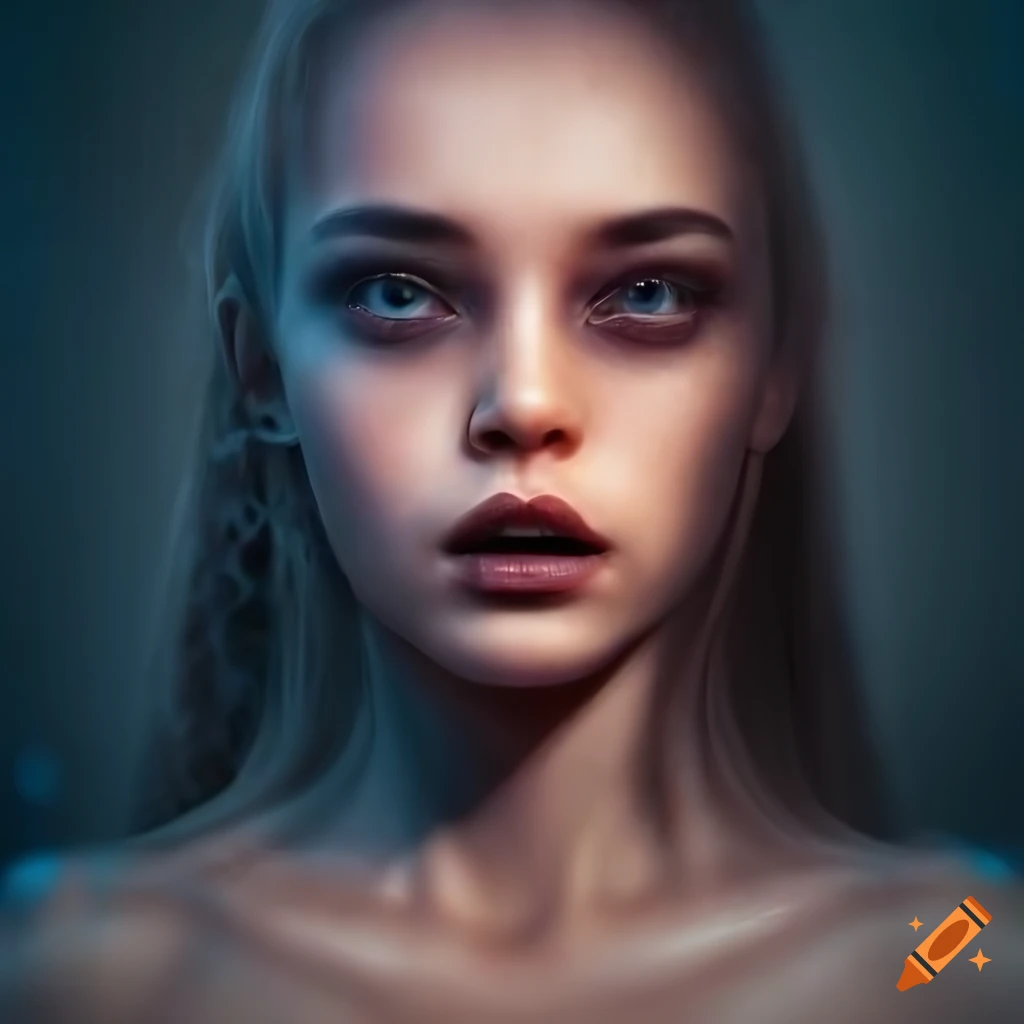 Thoughtful girl with black hair looking in mirror, hyper-realistic ...