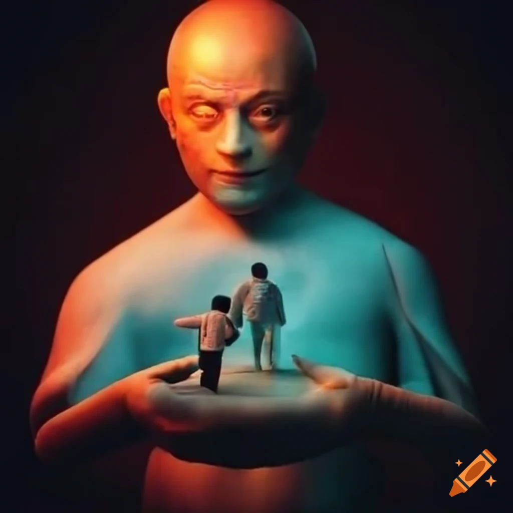 Man holding layers of tiny people on Craiyon